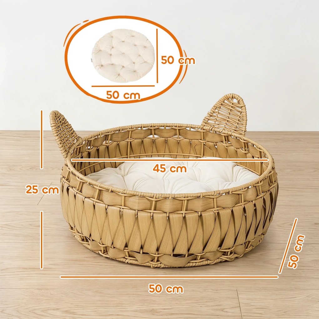 PawHut Kočičí pelíšek Ratanová kočičí jeskyně s odnímatelným polštářem, košík pro kočky do 10 kg, 50 x 25 cm, světle hnědá