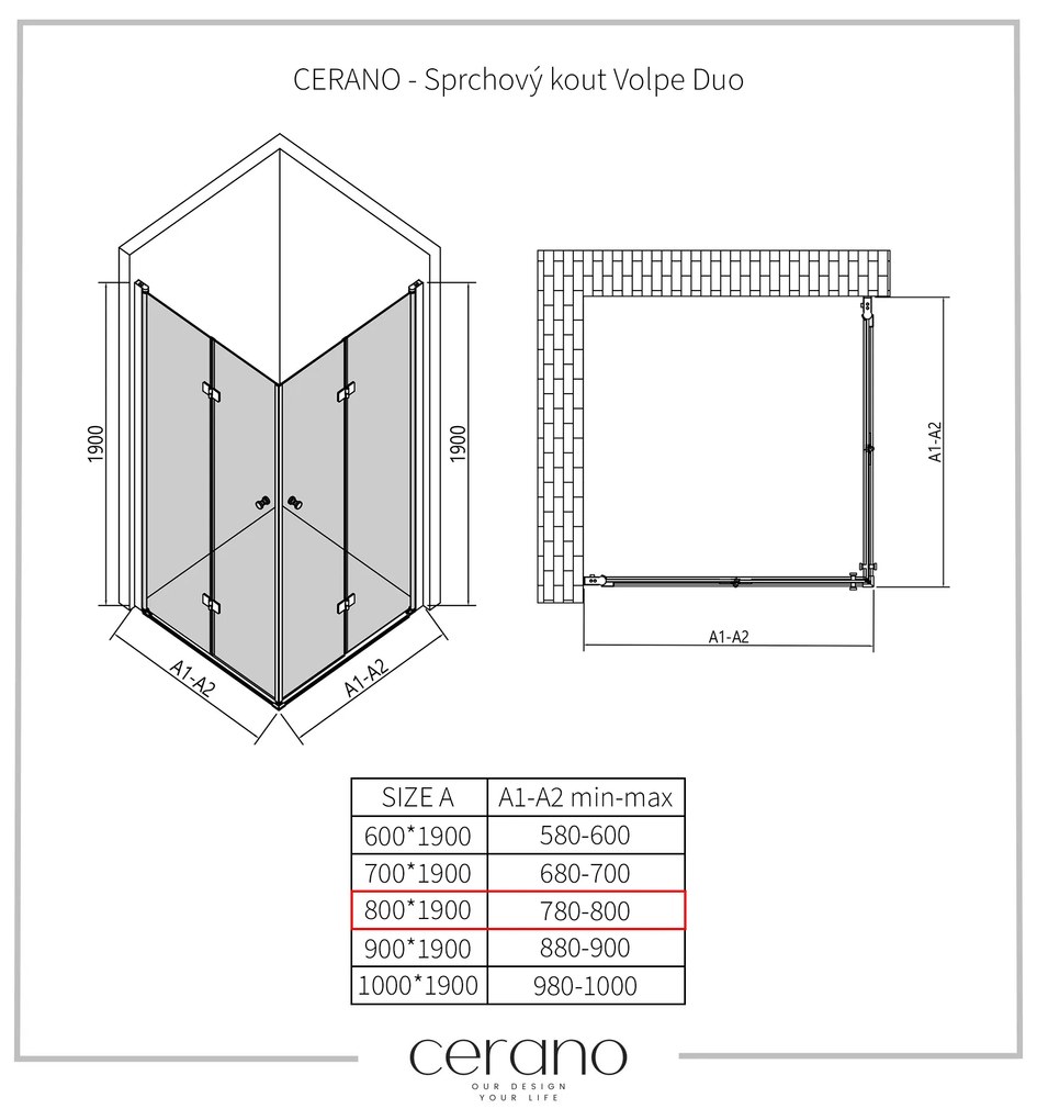 CERANO - Sprchový kout Volpe Duo L/P - černá matná, transparentní sklo - 80x80 cm - skládací