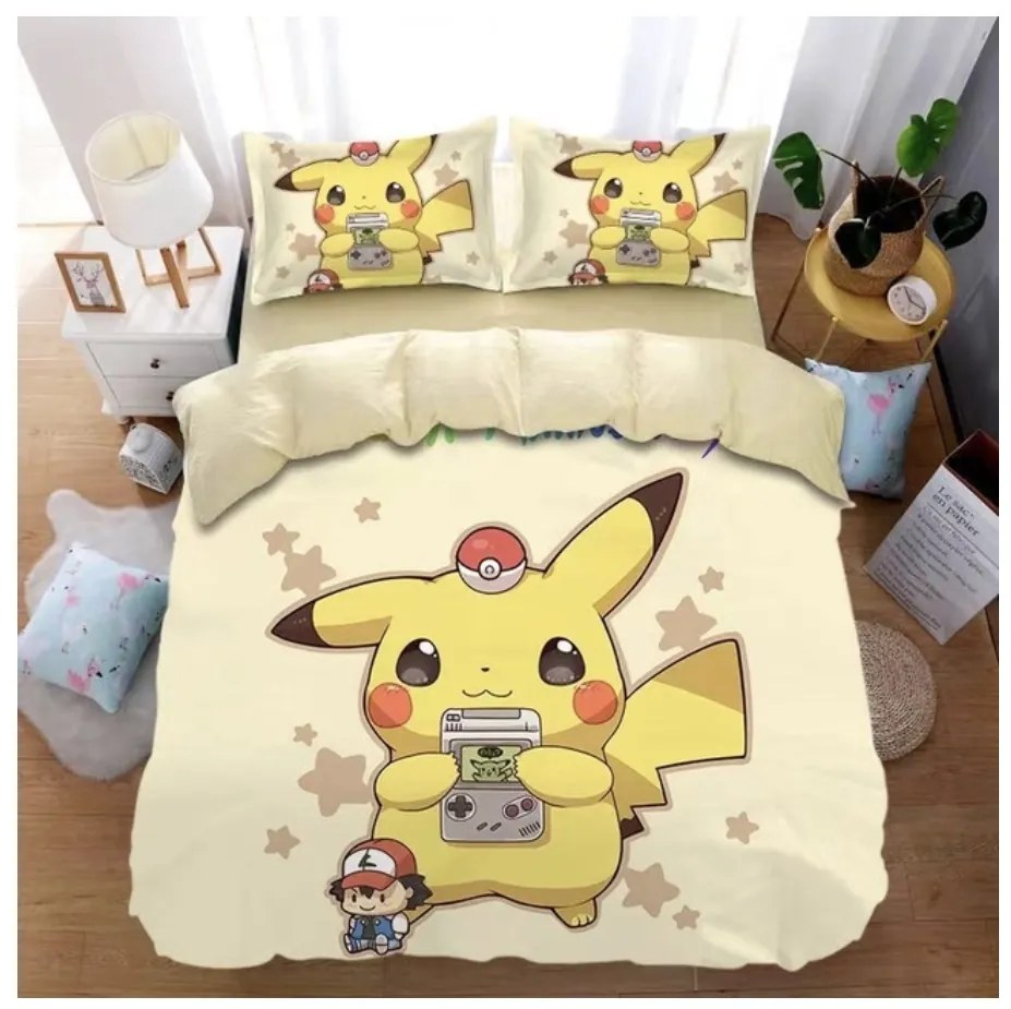 3-dílné ložní povlečení Pokémon - Pikachu 3D (240 x 220 cm a 2x povlak na polštář 50 x 75 cm) Motiv: 8 - Pikachu s hrou