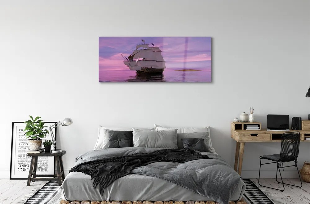 akrylový obraz Fialové nebe ship sea 120x60 cm