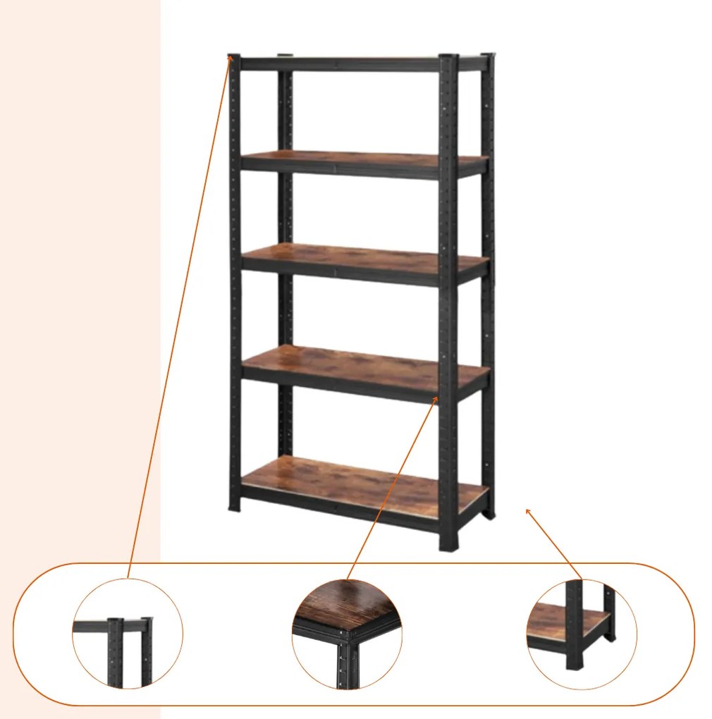 Policový regál DUSTY,5 polic, max 650kg, černá/hnědá SongmicsHome