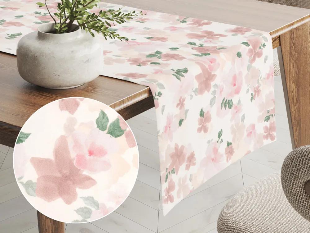 Biante Sametový běhoun na stůl Tamara TMR-036 Růžovo-béžové akvarelové květy na bílém 20x140 cm