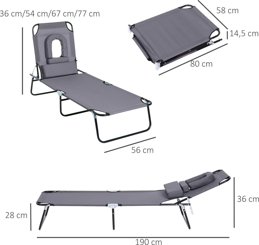 Outsunny lehátko na opalování Zahradní lehátko na třech nohách Relaxační lehátko s okénkem na čtení a otvorem na obličej v šedé barvě, ideální pro re…