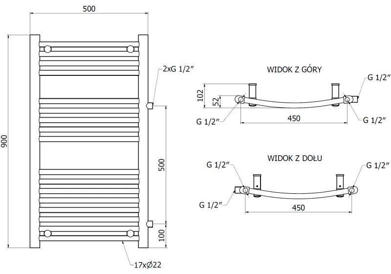 Mexen Ares, topné těleso 900 x 500 mm, 372 W, boční pravé a spodní připojení, černá, W102-0900-500-00-70-S