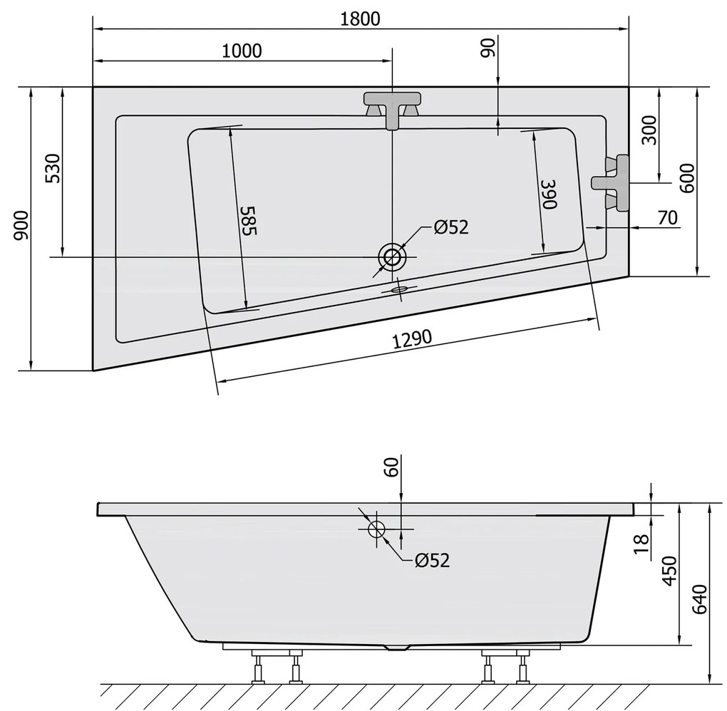 Polysan ANDRA L SLIM asymetrická vana 180x90x45cm, bílá, 72872S