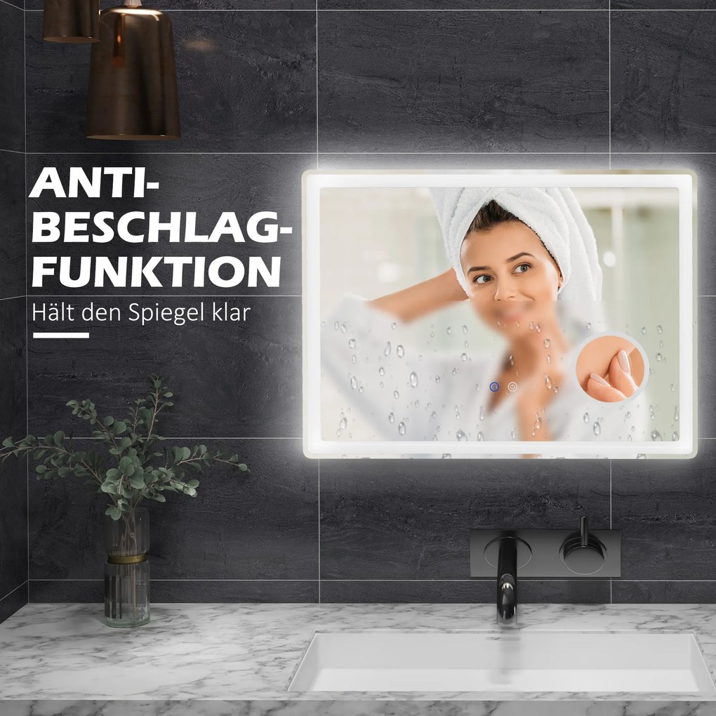 kleankin LED koupelnové zrcadlo s 3x zvětšením a dotykovou funkcí, 80x60 cm, 3 barvy světla, bez mlhy