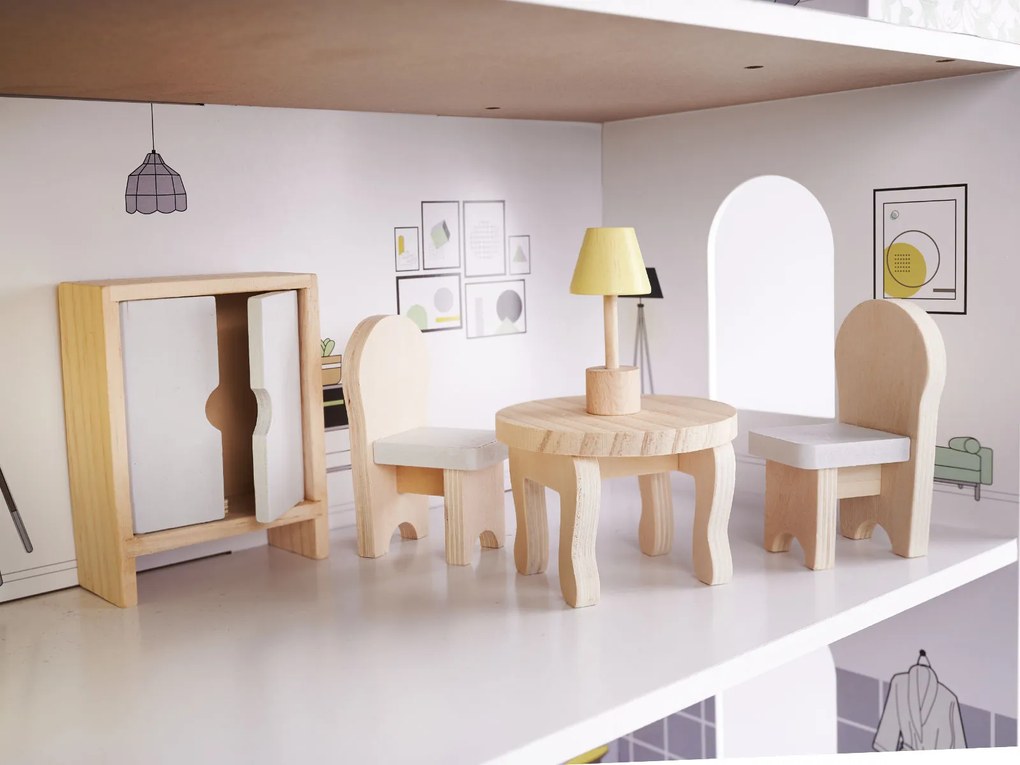 Creative Corner Dřevěný domeček pro panenky + nábytek 70cm šedý