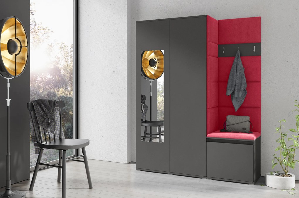 Eka Předsíňová stěna s čalouněnými panely Trinity 11 - Grafit / Červená 2309