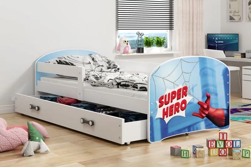 Dětská postel LUKI se šuplíkem - barva bílá - SUPER HRDINA