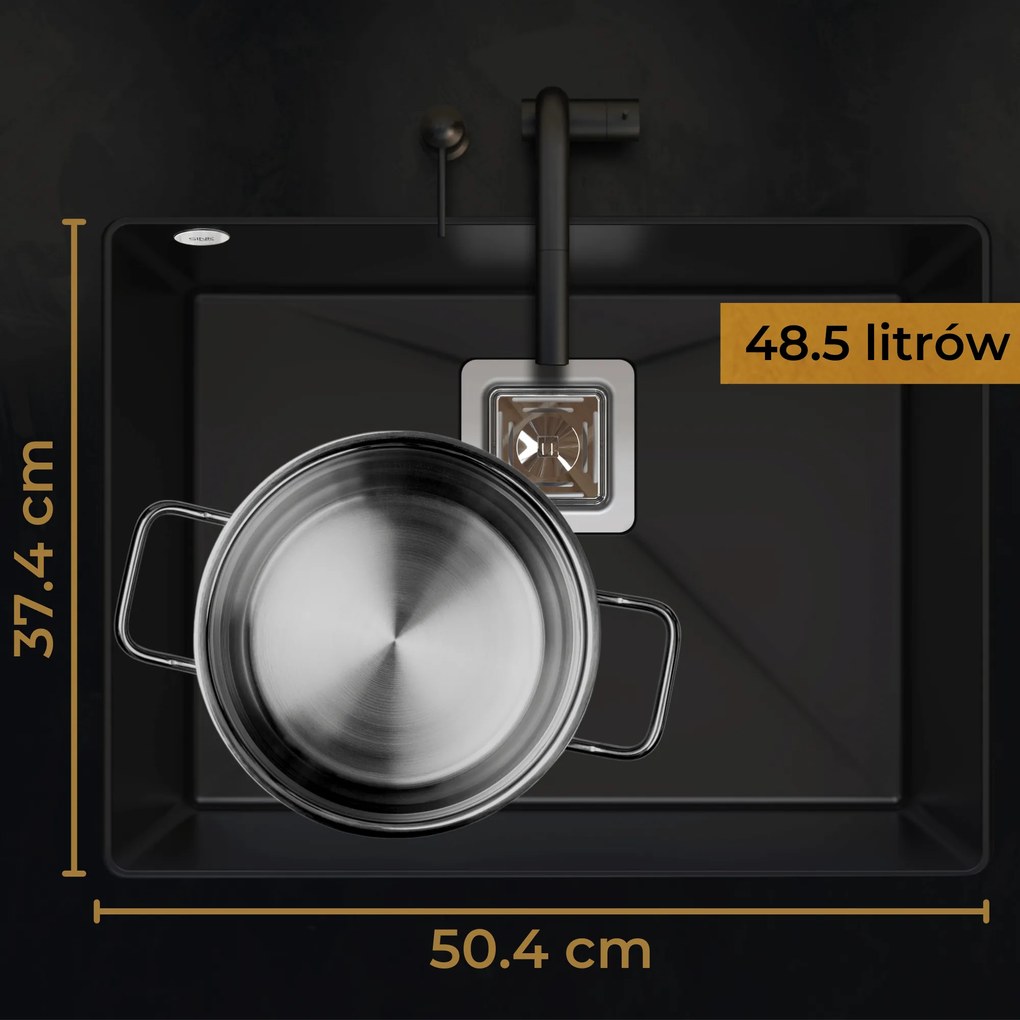Sink Quality Argon 60, kuchyňský granitový dřez 550x420x225 mm + chromový sifon, černá, SKQ-ARG.C.1KBO.60.X