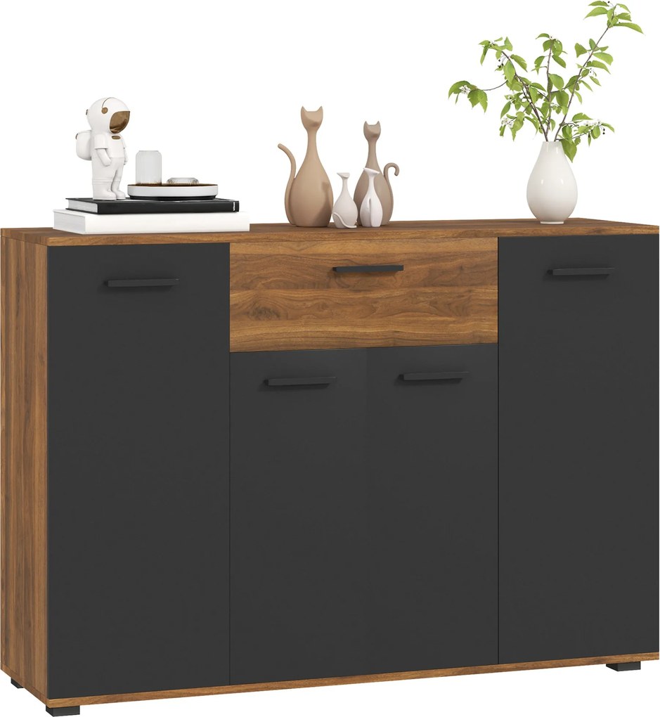 HOMCOM Hnědý a Černý Kufenický Úložný Kabinet s 4 Skříňkami, Zásuvkami a Nastavitelnými Policemi, Rozměry 120 x 35 x 85 cm