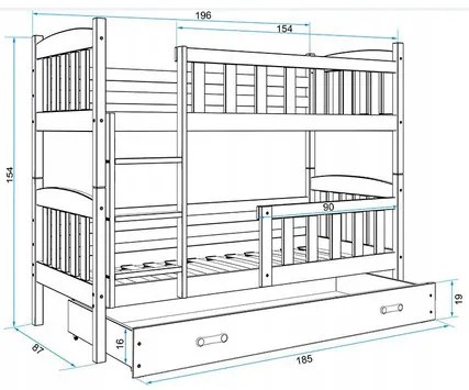 Dětská patrová postel KUBUS s úložným prostorem 80x190 cm - borovice Bílá