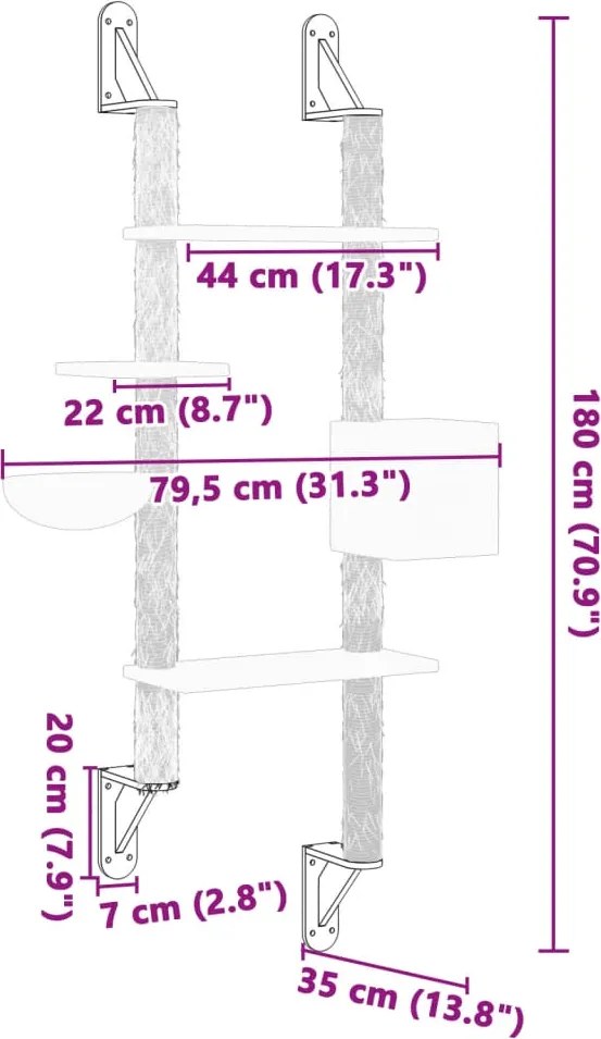 Nástěnné škrabadlo pro kočky se sloupkem světle šedé 180 cm 172402