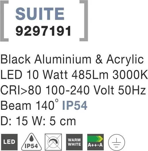 NV 9297191 Venkovní nástěnné svítidlo SUITE černý hliník a akryl LED 10W 3000K 100-240V 140st. IP54 - NOVA LUCE