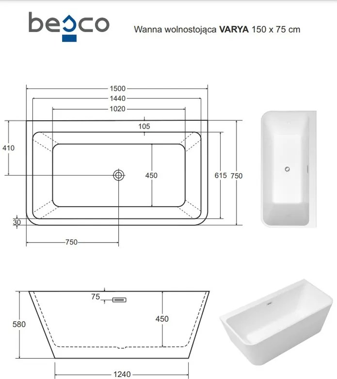 Besco Varya vana volně stojící 150 x 75 cm sifon černý akrylát barva bílá VANVARYA150B