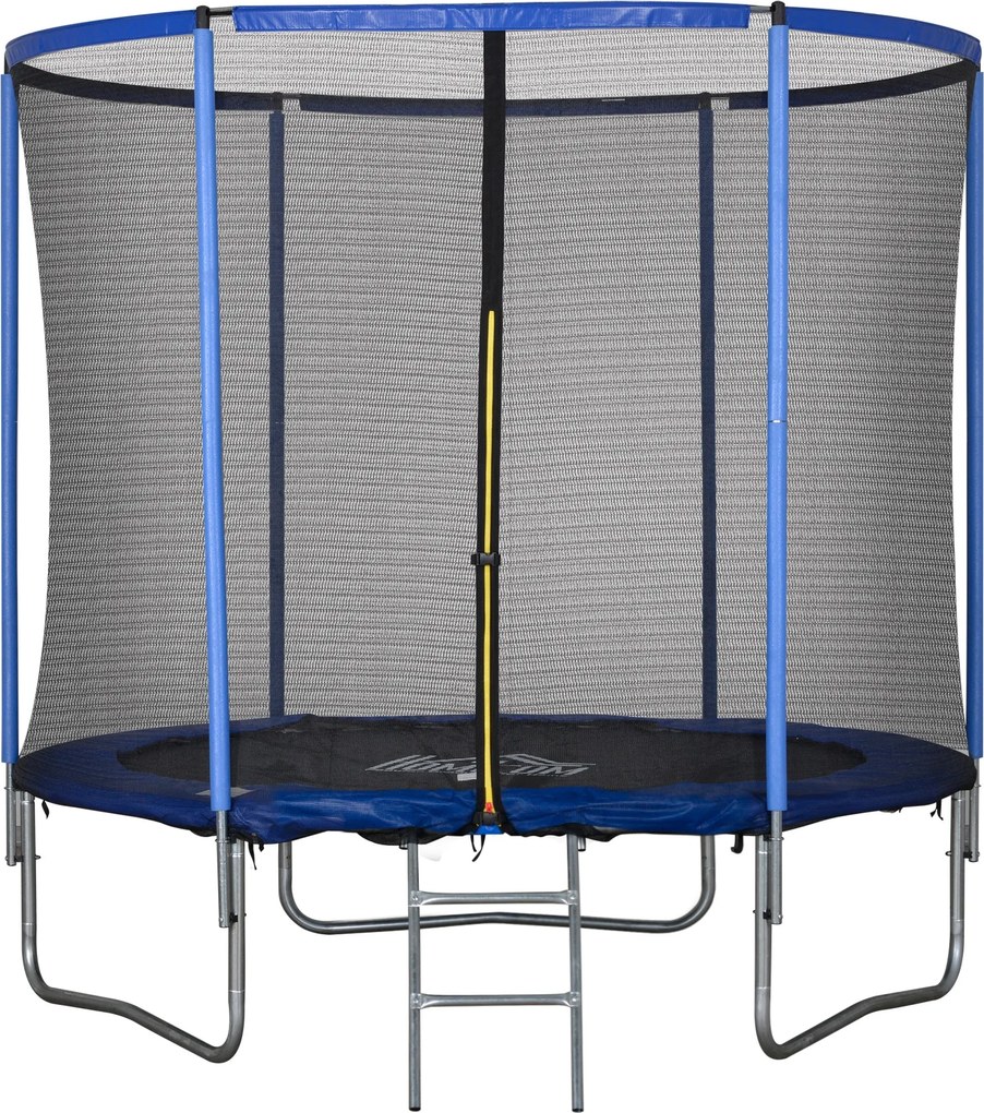 HOMCOM Dětský a Dospělácký Trampolína do Zahrady s Elastickou Podložkou a Ochrannou Sítí, Žebřík a Polstrované Okraje, Ø244x240cm, Modrá a Černá | Aos