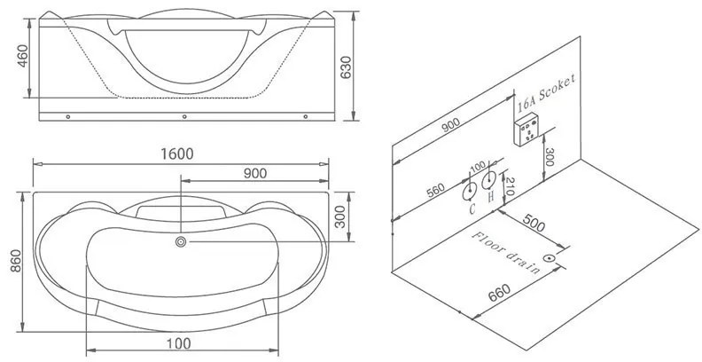 BPS-koupelny Hydromasážní vana HYD-PA924 160x88 s ohřevem vody