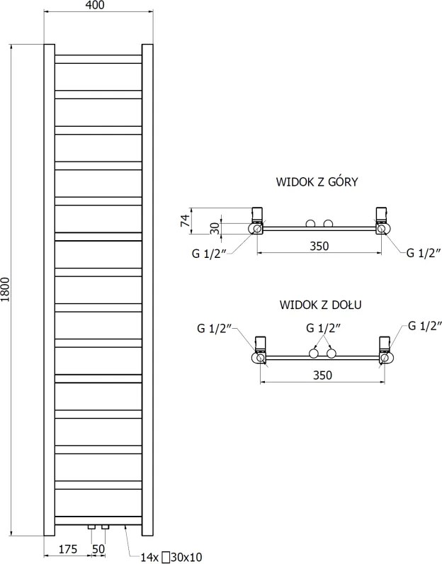 Mexen Bolt, topné těleso 1800 x 400 mm, 406 W, spodní a středové, antracitová, W126-1800-400-00-66