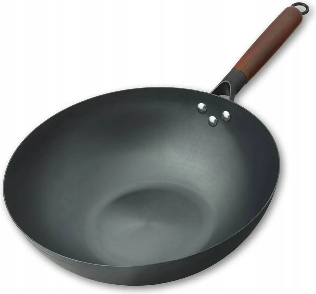 Pánev Wok ocelová 32 cm ploché dno, odnímatelná dřevěná rukojeť