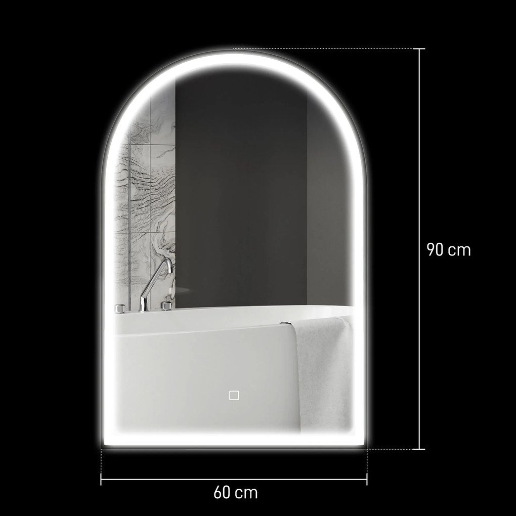 HOMCOM LED koupelnové zrcadlo 90 x 60 cm, nástěnné, 3 barvy, obloukový tvar, hliníkový rám, proti zamlžení a dotykový spínač