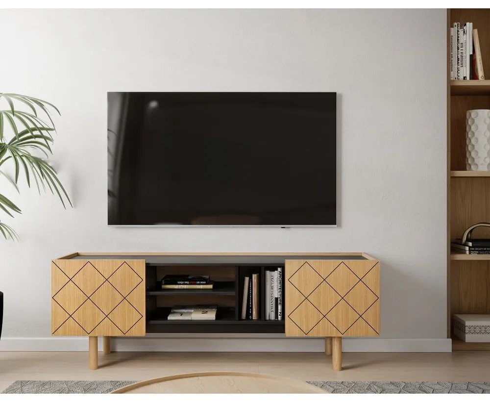 Černý/přírodní TV stolek v dekoru dubu 175x60 cm Porto – Woodman