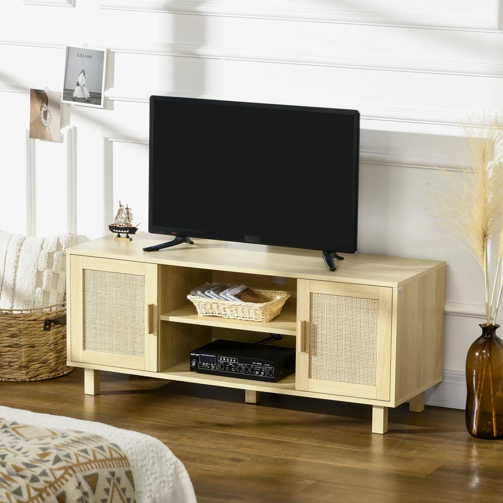 HOMCOM TV Stánek s Věšákem - 2 Přihrádky, 2 Skříně s Ratanovými Dveřmi, 115 x 40 x 48 cm, MDF s Povrchovou Úpravou Světle Dřevo
