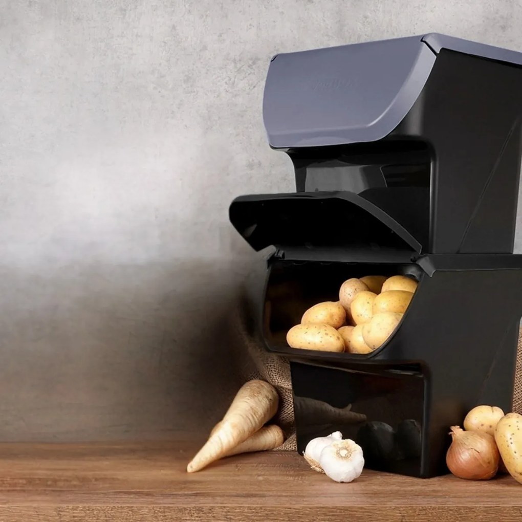 VILDE Sada 2ks úložných boxů VEGBOX na brambory a zeleninu s větráním, VEGBOX černý+šedý (14l )