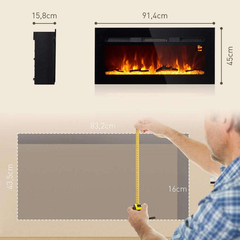HOMCOM Elektrický krb s LED efektem plamene,1800 W nástěnný krb ve 3 barvách s 5 úrovněmi jasu, elektrický krb s dálkovým ovládáním, dotykový displej…