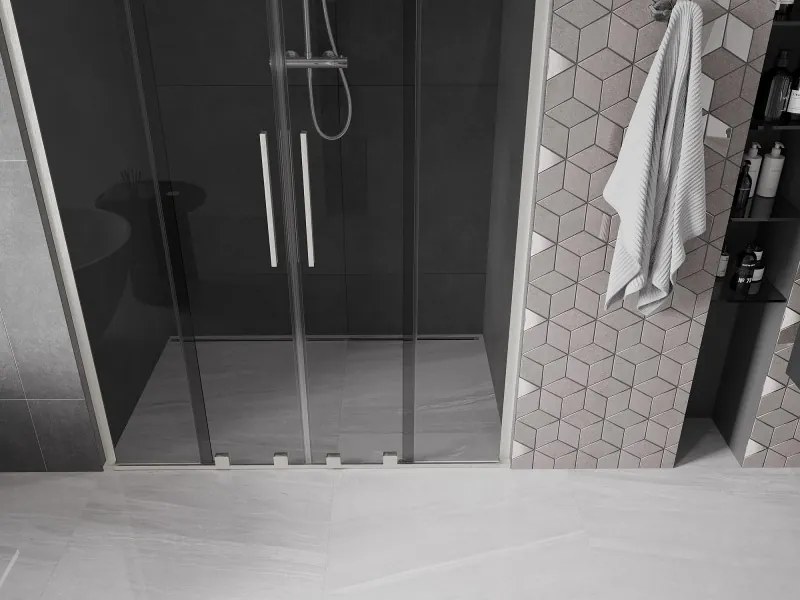 Mexen Velar L Duo, posuvné sprchové dveře do otvoru 150 cm, 8mm šedé sklo, broušená ocel, 871-150-003-42-97