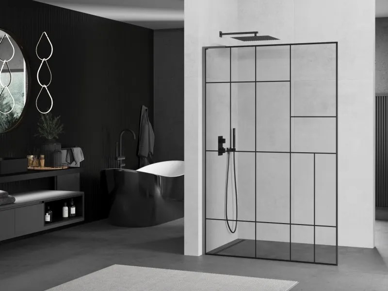 Mexen Kioto L, sprchová zástěna Walk-In 70 x 200 cm, 8mm čiré sklo černý vzor, grafitový profil, 800-070-103-95-78