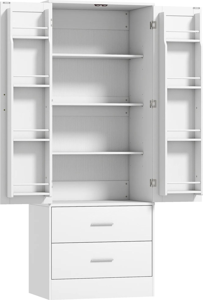 HOMCOM 159 cm kuchyňská skříň, nastavitelné police, 2 zásuvky, do kuchyně, jídelny, dřevotříska, MDF, bílá