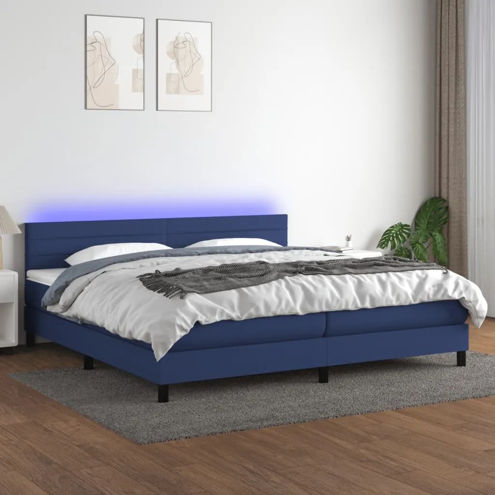 Box spring postel s matrací a LED modrá 200x200 cm textil