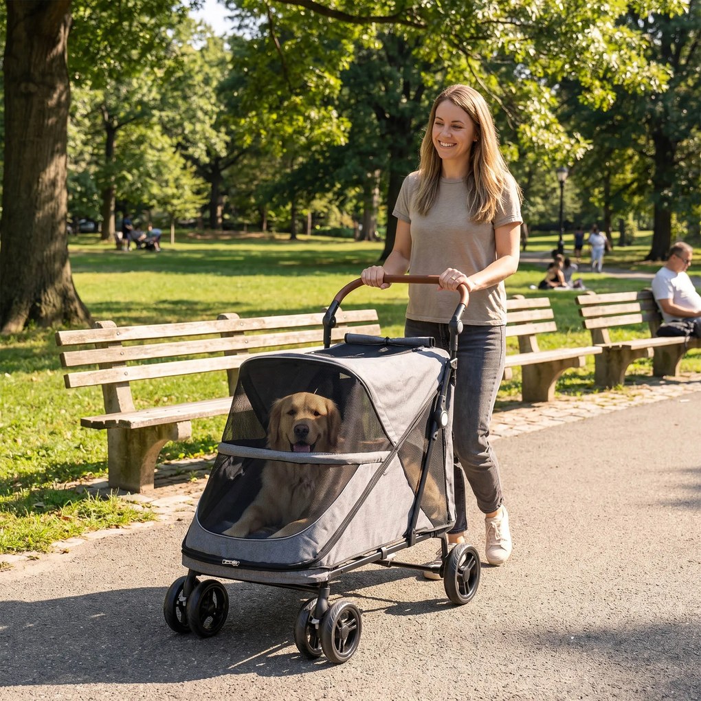 Skládací psí kočárek PawHut – nosnost až 40 kg, odpružení na 4 kolech, přední kola otočná o 360°, pratelná vložka, nastavitelná rukojeť, šedý