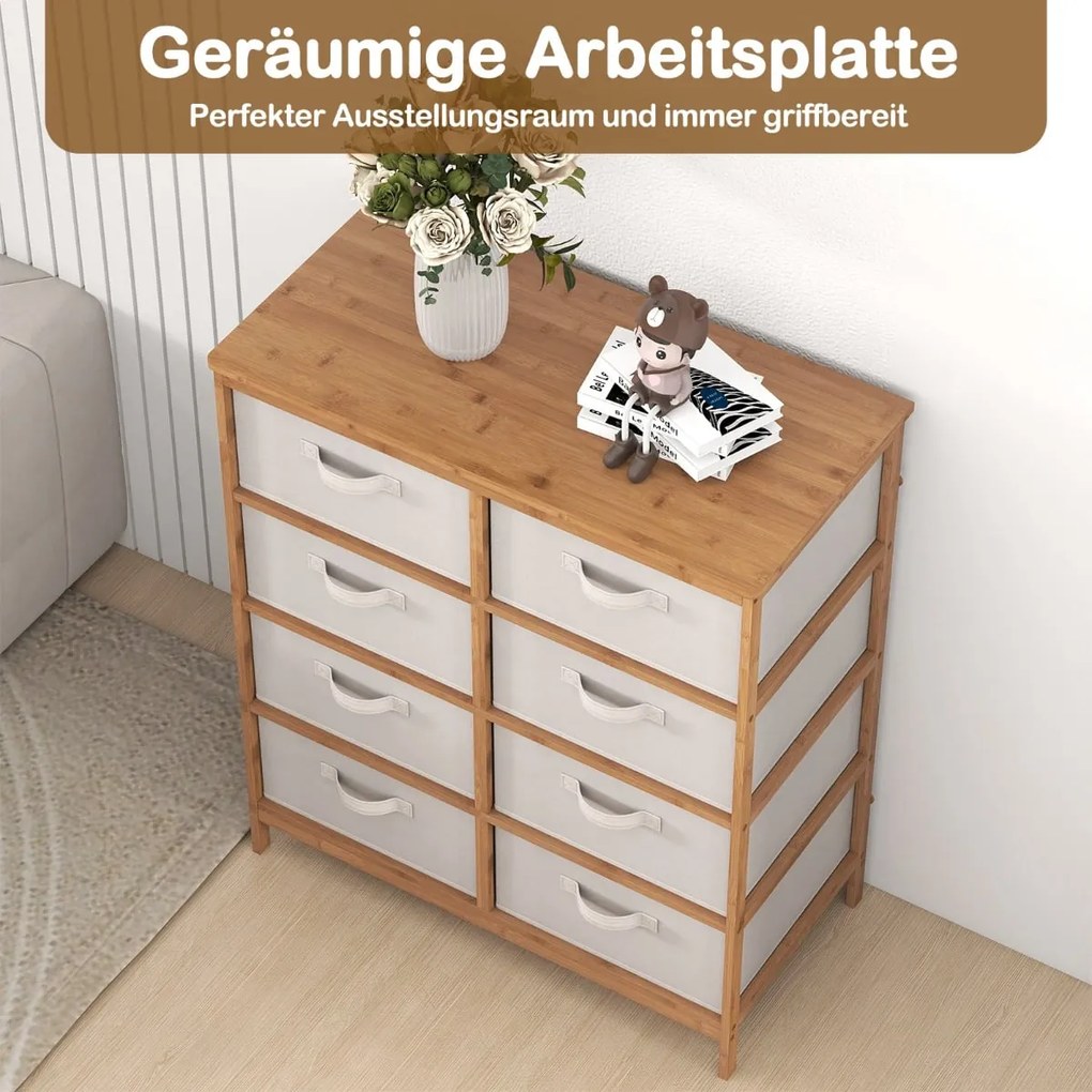 Costway Komoda s 8 Vyjímatelné látkové zásuvky a zásuvková skříň s bambusovým