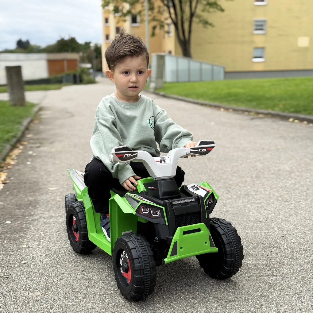 HOMCOM Dětská elektrická čtyřkolka 6V s přívěsem, dětské vozidlo pro 1,5-3 roky, 2,5 km/h, kovová, zelená pro venkovní zábavu