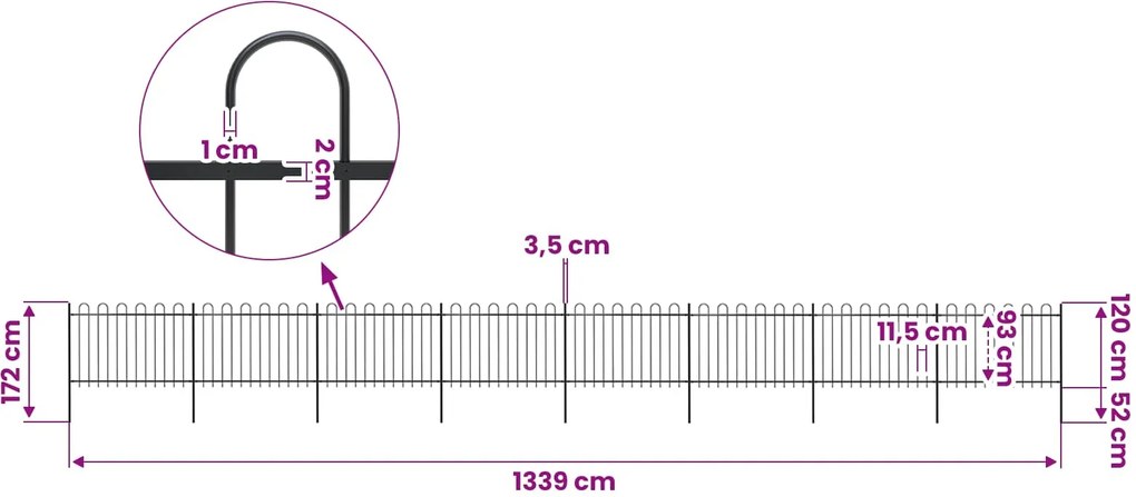 Zahradní plot s obloukem nahoře ocelový 1339 x 120 cm černý 277672