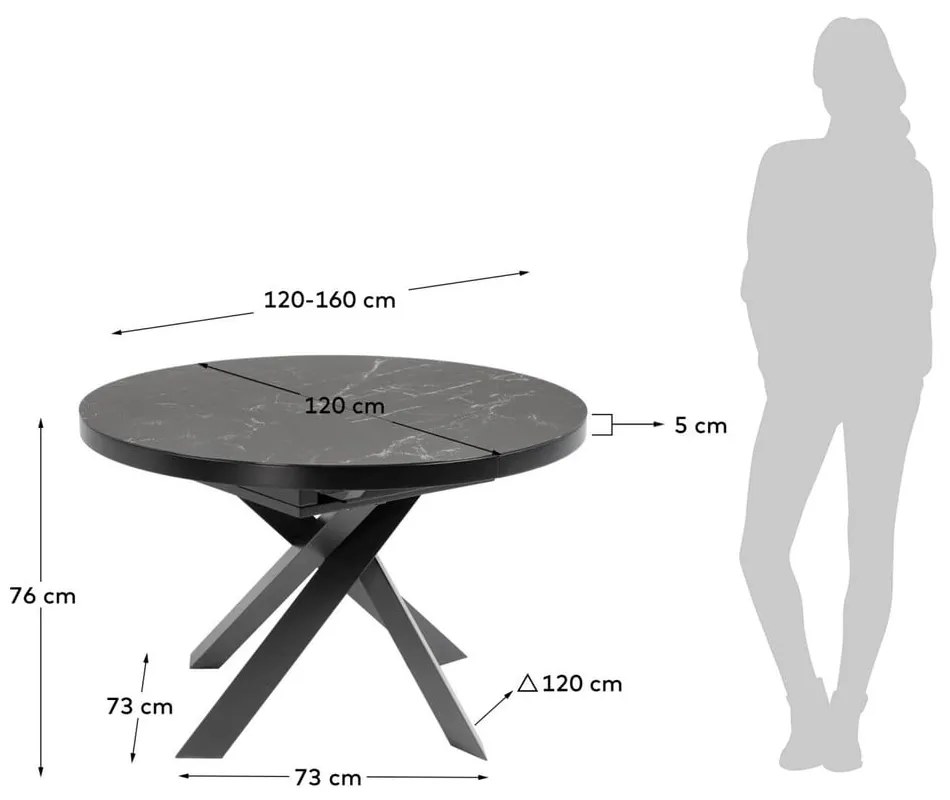 Černý kulatý rozkládací jídelní stůl s keramickou deskou ø 160 cm Vashti – Kave Home