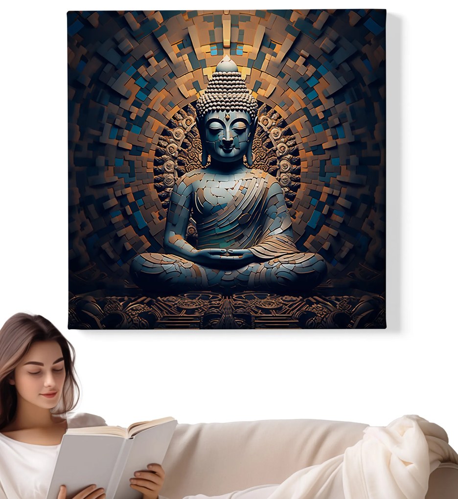 Obraz na plátně - Sedící buddha kostičková zeď FeelHappy.cz Velikost obrazu: 100 x 100 cm