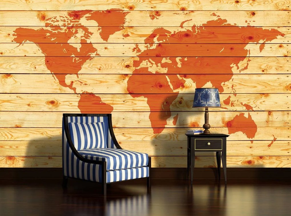 Fototapeta - Mapa světa na borovicových deskách (254x184 cm)