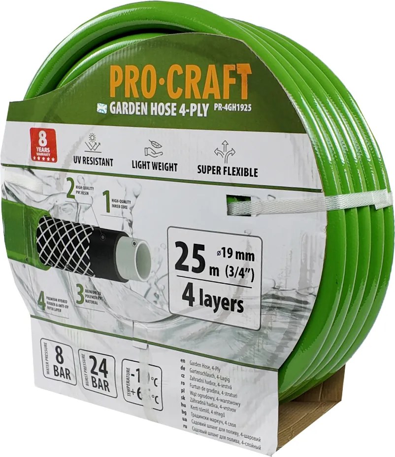 Procraft PR-4GH1925 - zelená zahradní hadice, 4 vrstvy, 3/4", 25m