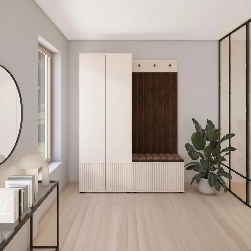 Předsíňová stěna RAYO 1 s čalouněnými panely, 140 cm, kašmír/ hnědá