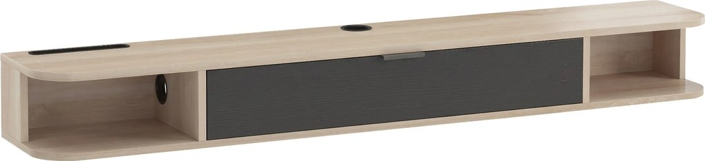 HOMCOM Závěsný TV nábytek, TV nábytek pro televize až do 152,4 cm (60 palců), výklopná zásuvka, 2 police, 140x24x16 cm, přírodní dřevo