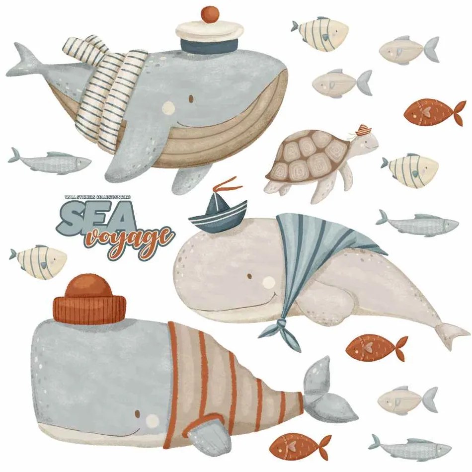 Gario Dětská nálepka na zeď Sea voyage - velryby, želva a rybičky