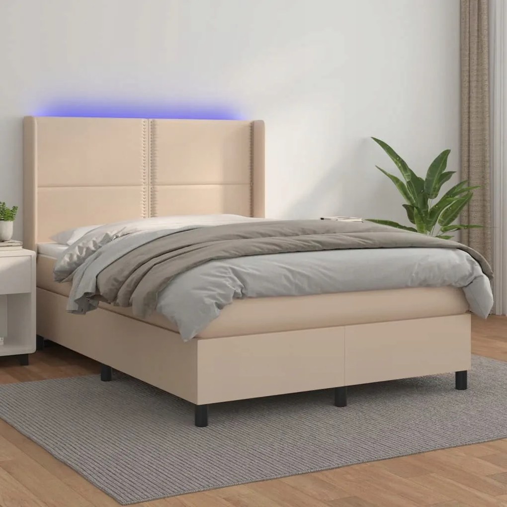 Box Spring Postel Matrace A Led 180X200Cm Umělá Kůže Cappuccino Hladké s hř