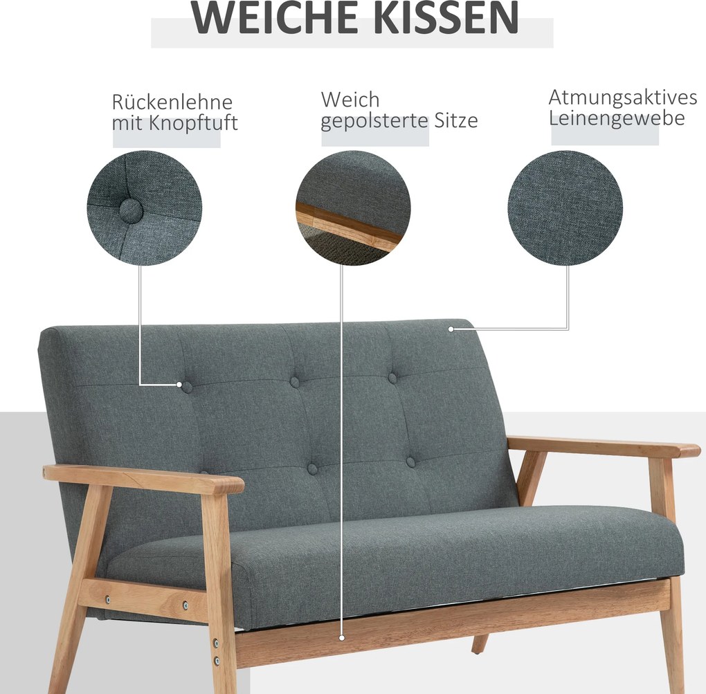 HOMCOM Dvoumístná pohovka Loveseat 2-místná s čalouněním kompaktní design v kombinaci lnu a kaučukovníku šedá 115x66,5x73cm do obývacího pokoje | Aos…