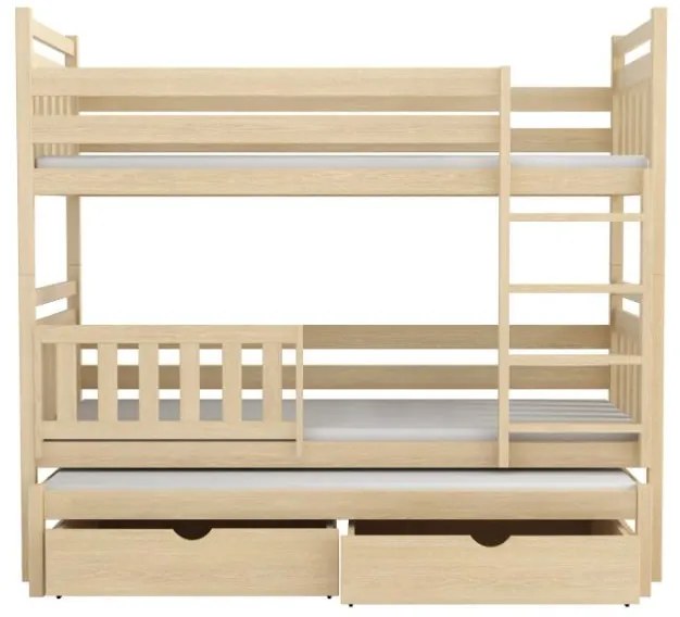 Dětská patrová postel z masivu borovice PETR s přistýlkou a šuplíky - 200x90 cm - PŘÍRODNÍ BOROVICE