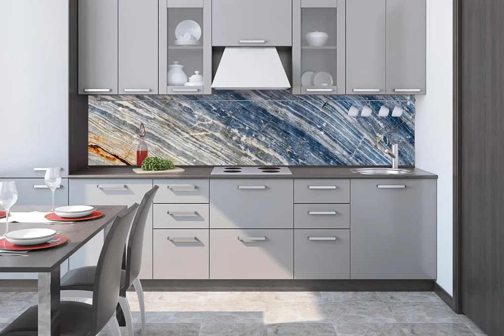 DIMEX | Fototapeta do kuchyně Žíhaný mramor KI-260-154 | 260 x 60 cm | modrá, bílá, šedá