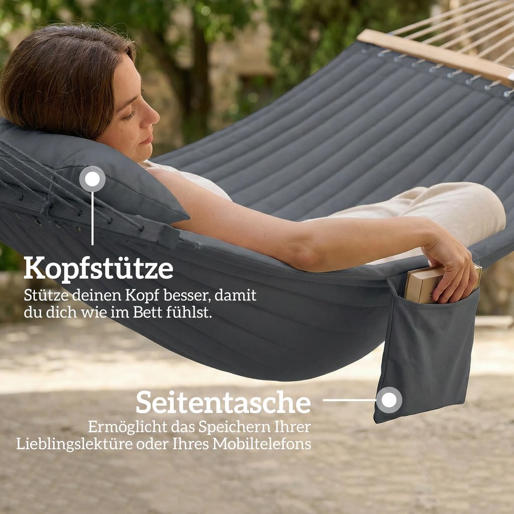 Houpací síť Outdoor 200x140 cm, dvouvrstvá houpací síť s kapsou na zásobník na hlavu, dřevěné tyče do 200 kg