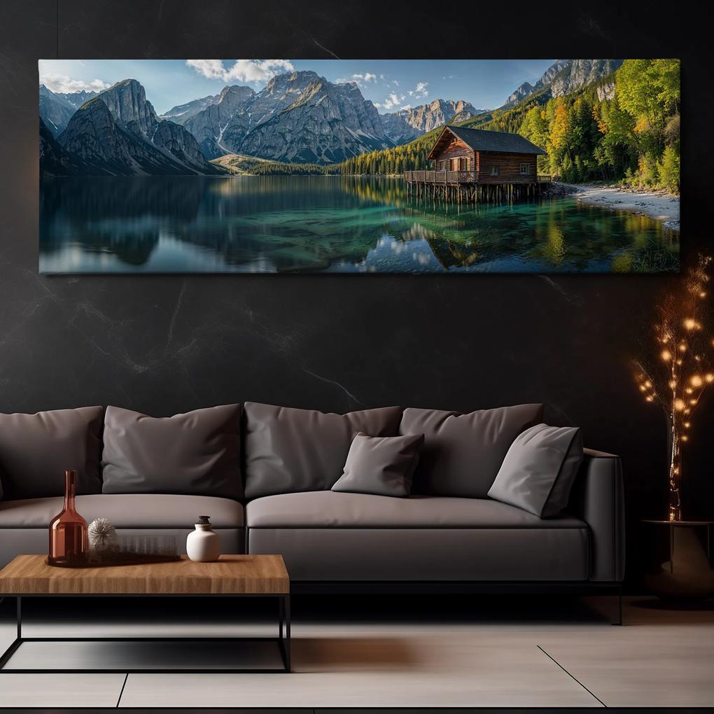Obraz na plátně - Průzračné jezero s dřevěnou chatkou FeelHappy.cz Velikost obrazu: 240 x 80 cm