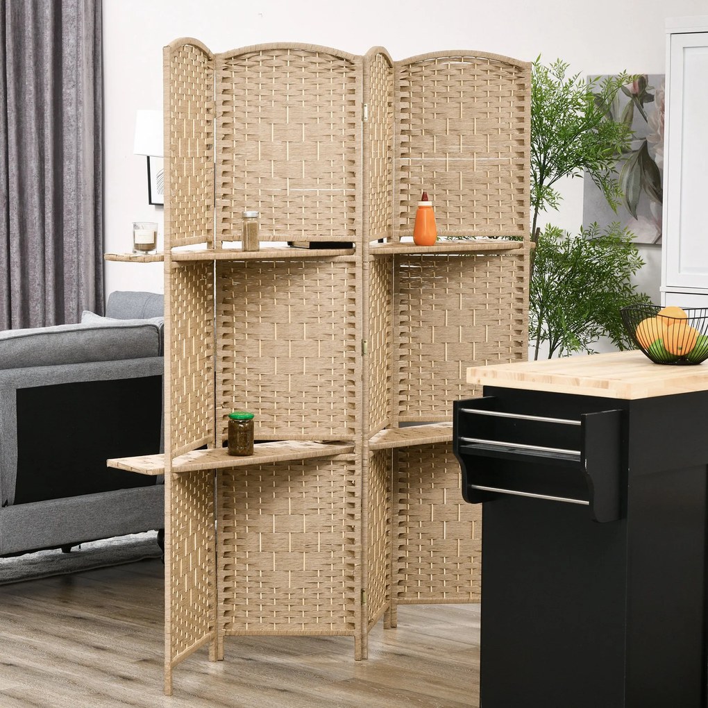 HOMCOM 4-panelový rozdělující paraván 160x170 cm se 2 policemi, soukromý paraván skládací příčka do kanceláře a ložnice přírodní
